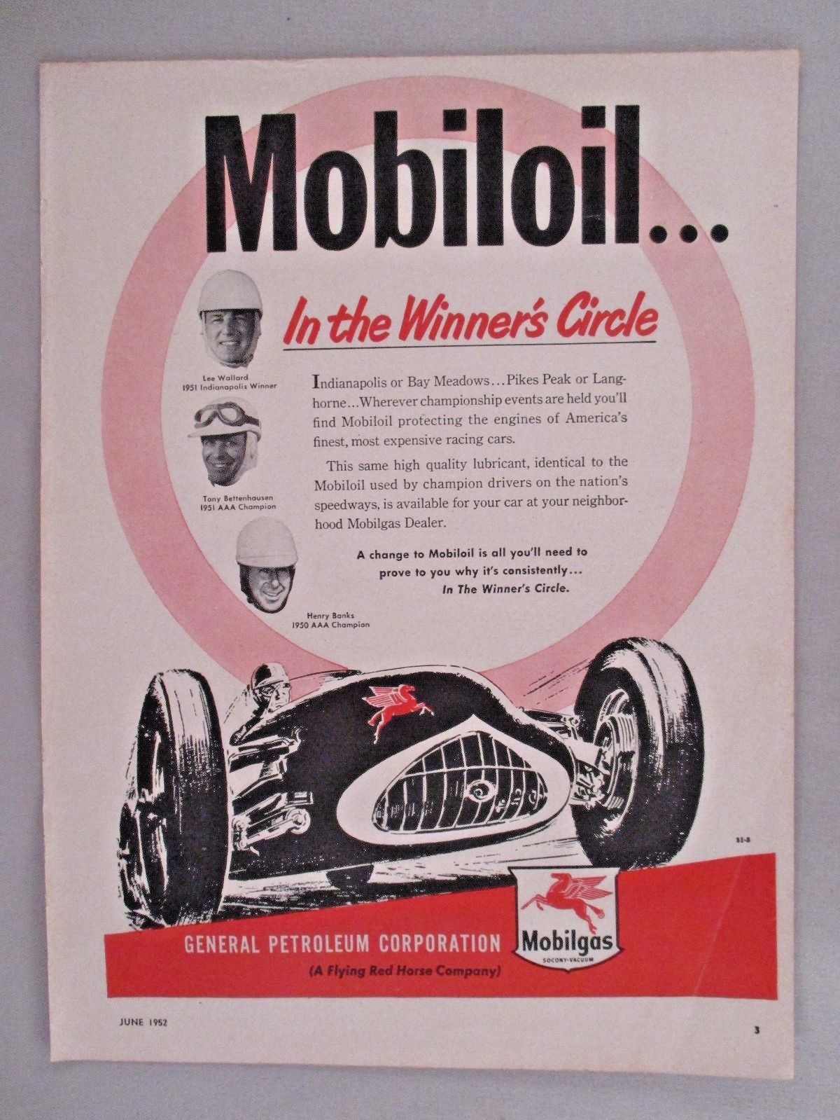 Mobiloil Mobil Oil PRINT AD - 1952 ~~ Lee Wallard, Tony Bettenhausen ...