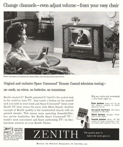 Vintage 1959 Zenith TV Console w/Remote Original B&W Print Ad 17x26cm ...