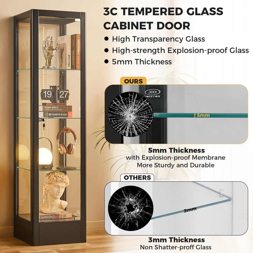 Lockable Steel Display Cabinet with RGB Light Glass 4-layer Bookshelf ...