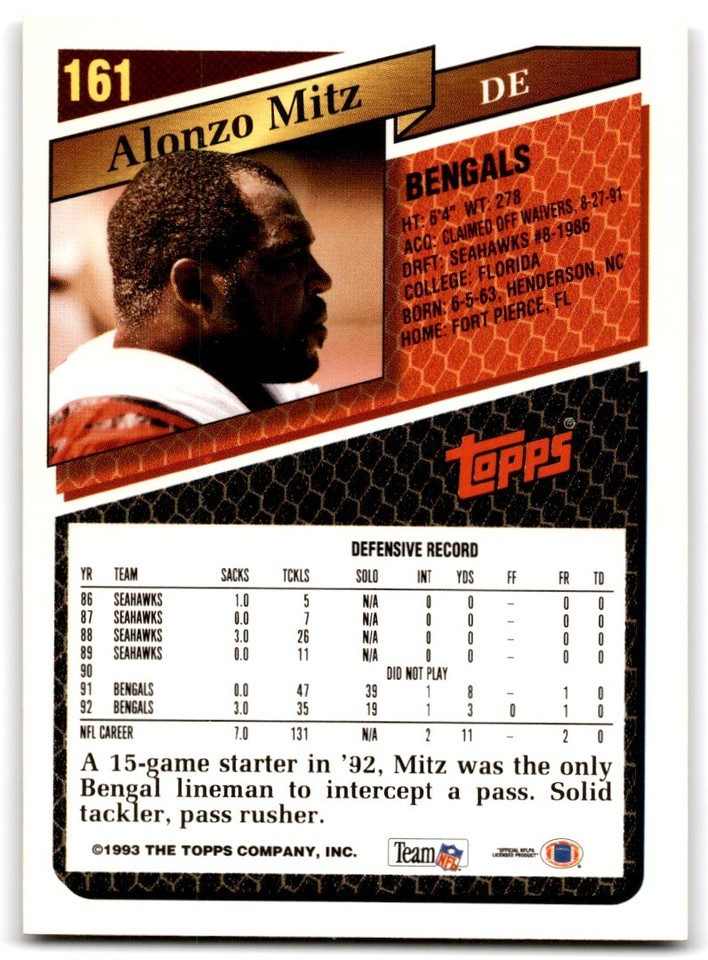 1993 Topps Alonzo Mitz Cincinnati Bengals #161 | eBay
