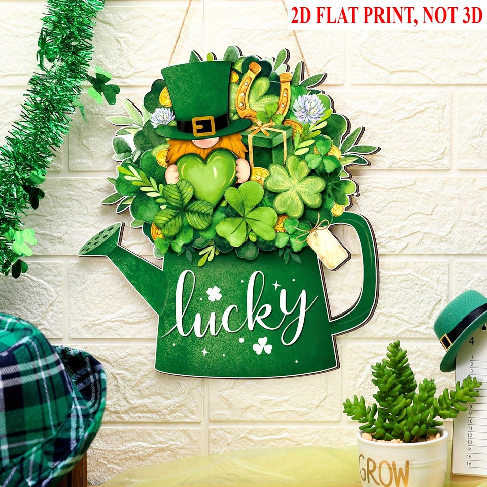 Wooden St. Patricks Day Door Sign Green Watering Can Gnome Holiday ...