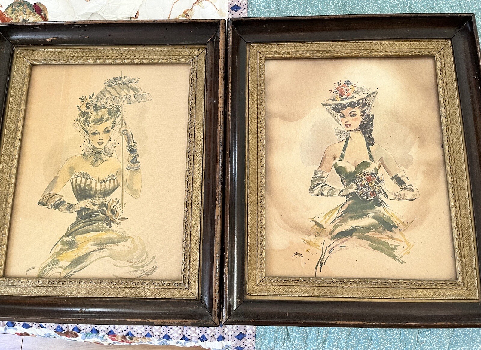 Antique Pair Of Framed Watercolors Of Ladies Signed Artist Gavan 18.25 ...