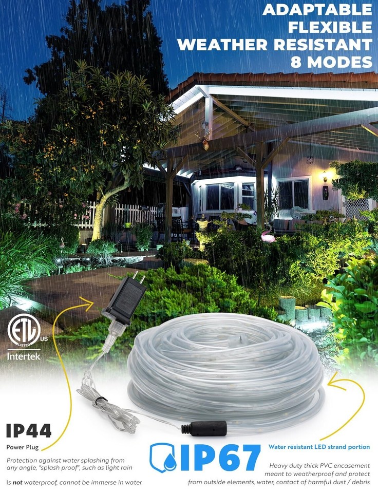 8-Mode LED Rope Light Outdoor Waterproof Lighting 10' 20' 25' 50' 100 ...