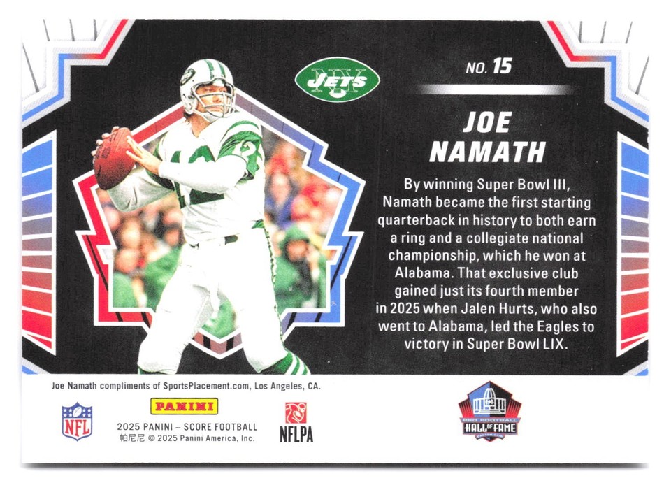 2025 Panini Score - Men of Canton - Joe Namath #15 Insert New York Jets ...