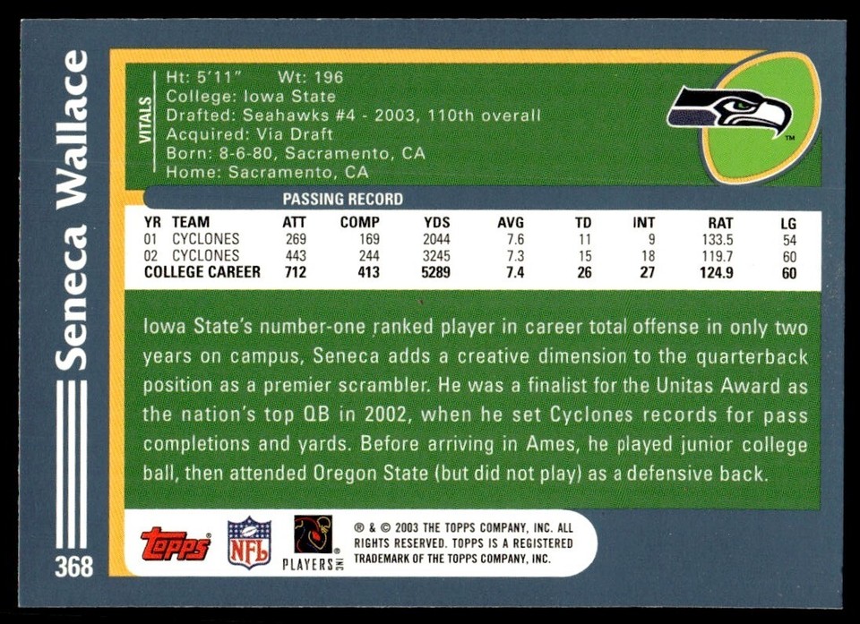 2003 Topps Collection Seneca Wallace RC Seattle Seahawks #368 | eBay