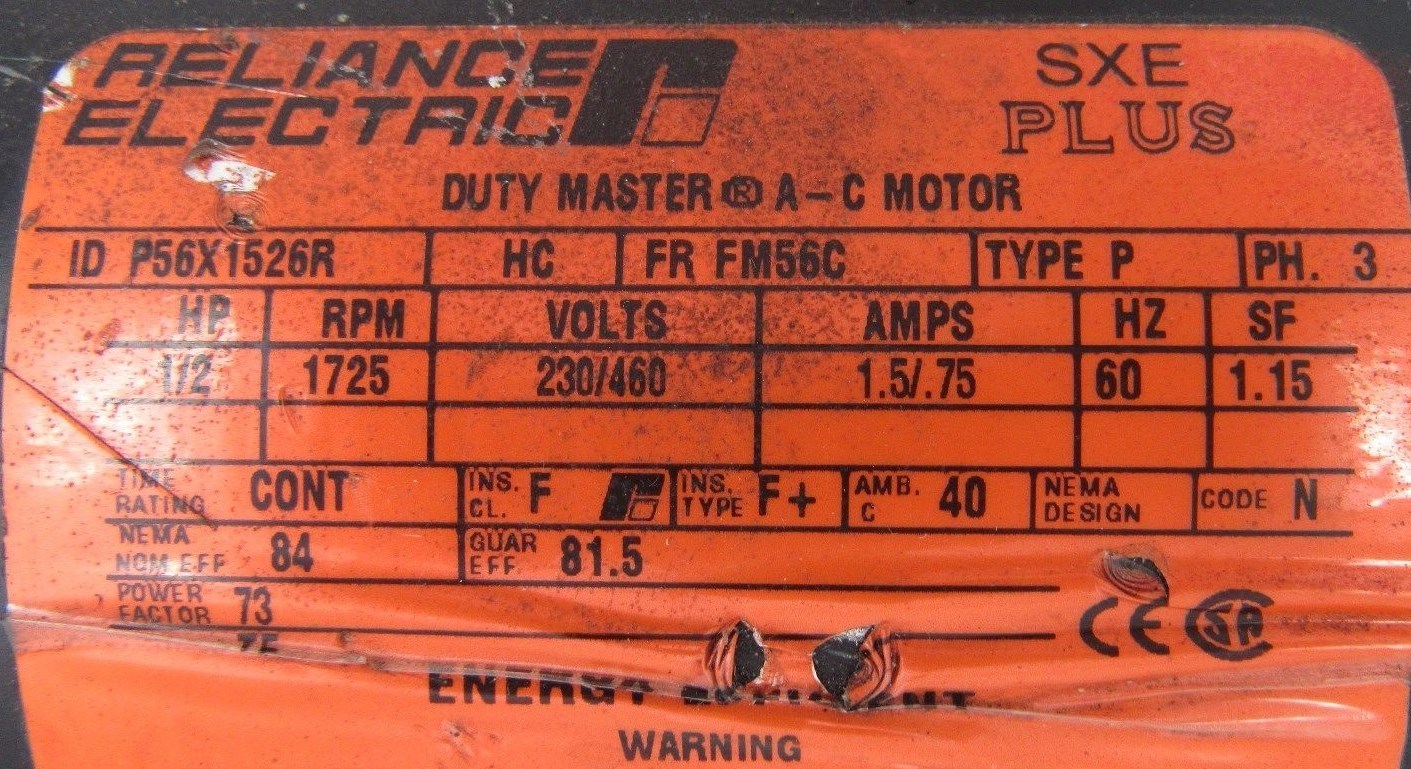 RELIANCE ID P56X1526R 1/2 HP 1725 RPM DUTY MASTER A - C MOTOR | eBay