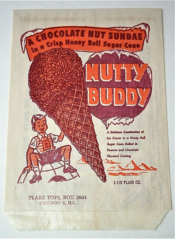 Nutty Buddy Cone Ice Cream Cone Dairy Bag NOS New 1940s Prize Wrapper ...