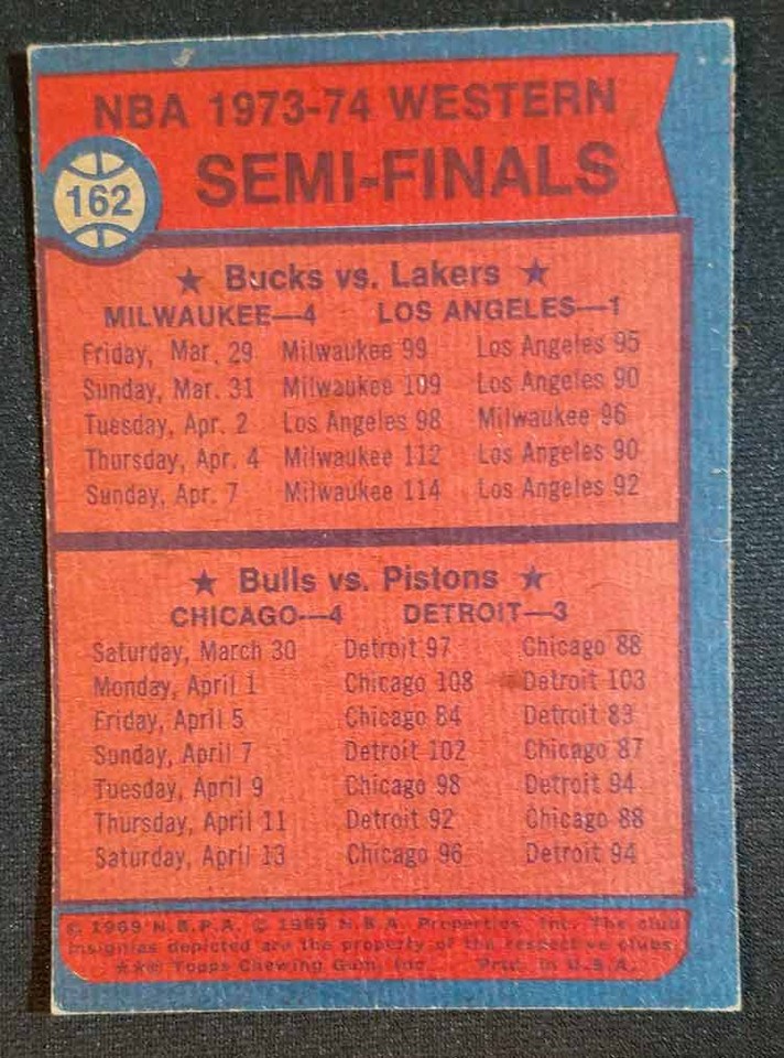 1974-75 Topps #162 NBA Western Semi-Finals Bucks Lakers Bulls Pistons ...