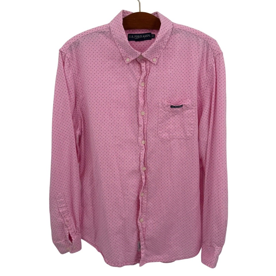 US Polo Assn Mens Medium Long Sleeve Shirt Pink Dot Print Royal Oxford ...