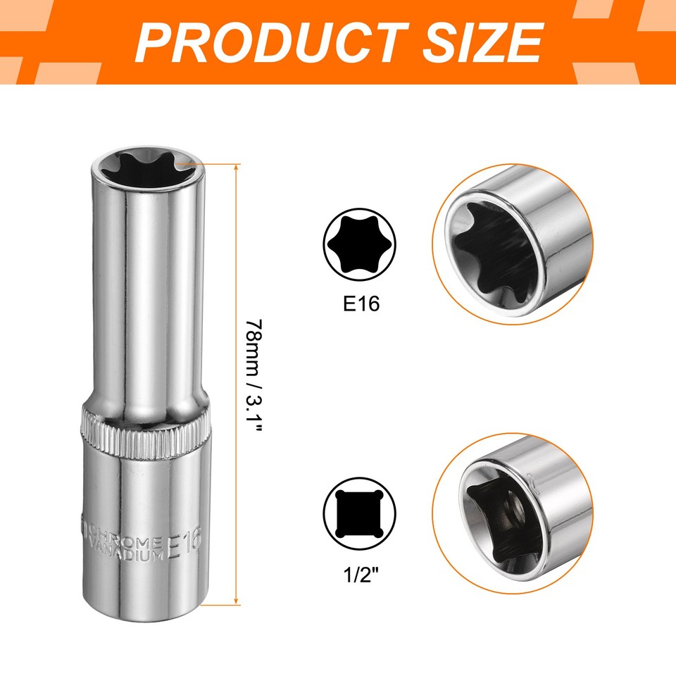 3pcs E-Torx Socket 1/2" Drive E16 Star 3.1" Length 6 Point Spline ...
