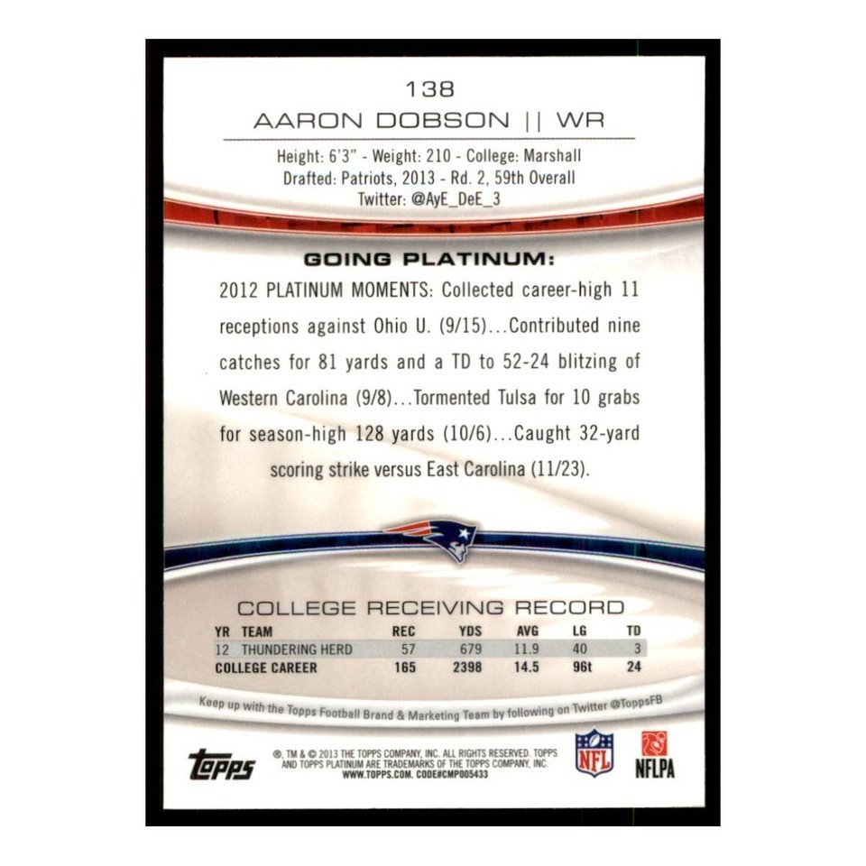2013 Topps Platinum #138 Aaron Dobson Rookie New England Patriots ...