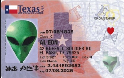 Alien A. Leon UFO Operator's License ID Texas Made On Metal | eBay