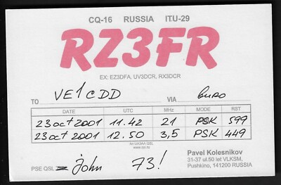 QSL QSO CB Radio CARD"RZ3FR,Pavel Kolesnikov,01",Pushkino,Russia(Q6483 ...