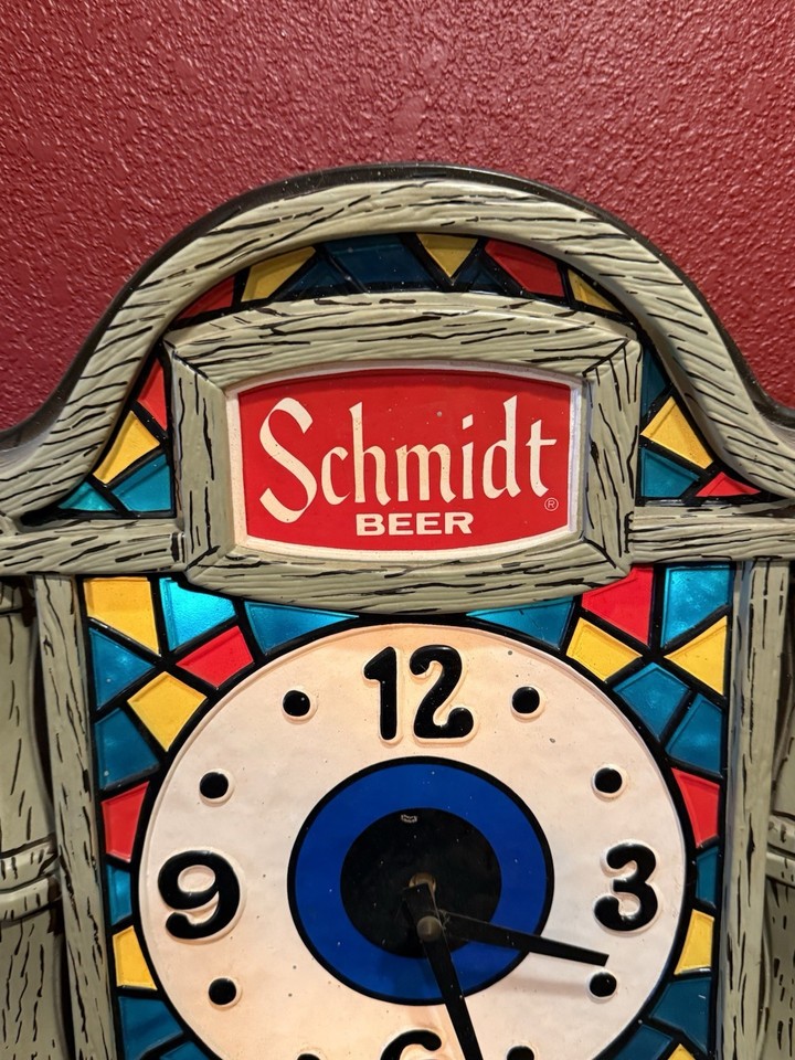 Vintage MCM Schmidt Beer Brewery Hanging Wall Clock Lighted Sign Works ...