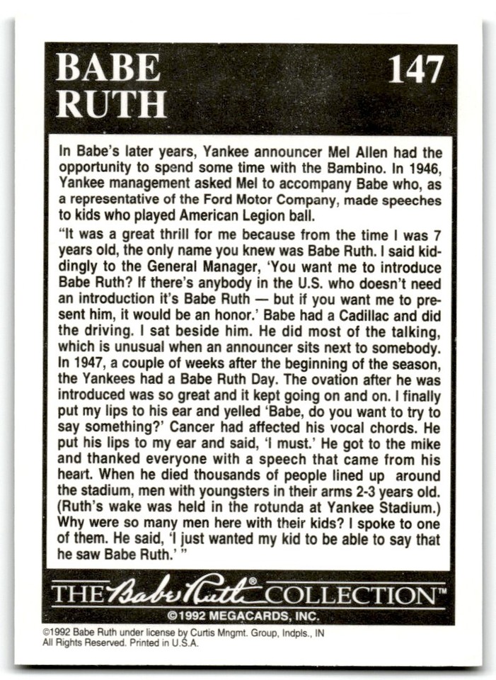1992 Megacards Babe Ruth Being Remembered by Mel Allen New York Yankees ...