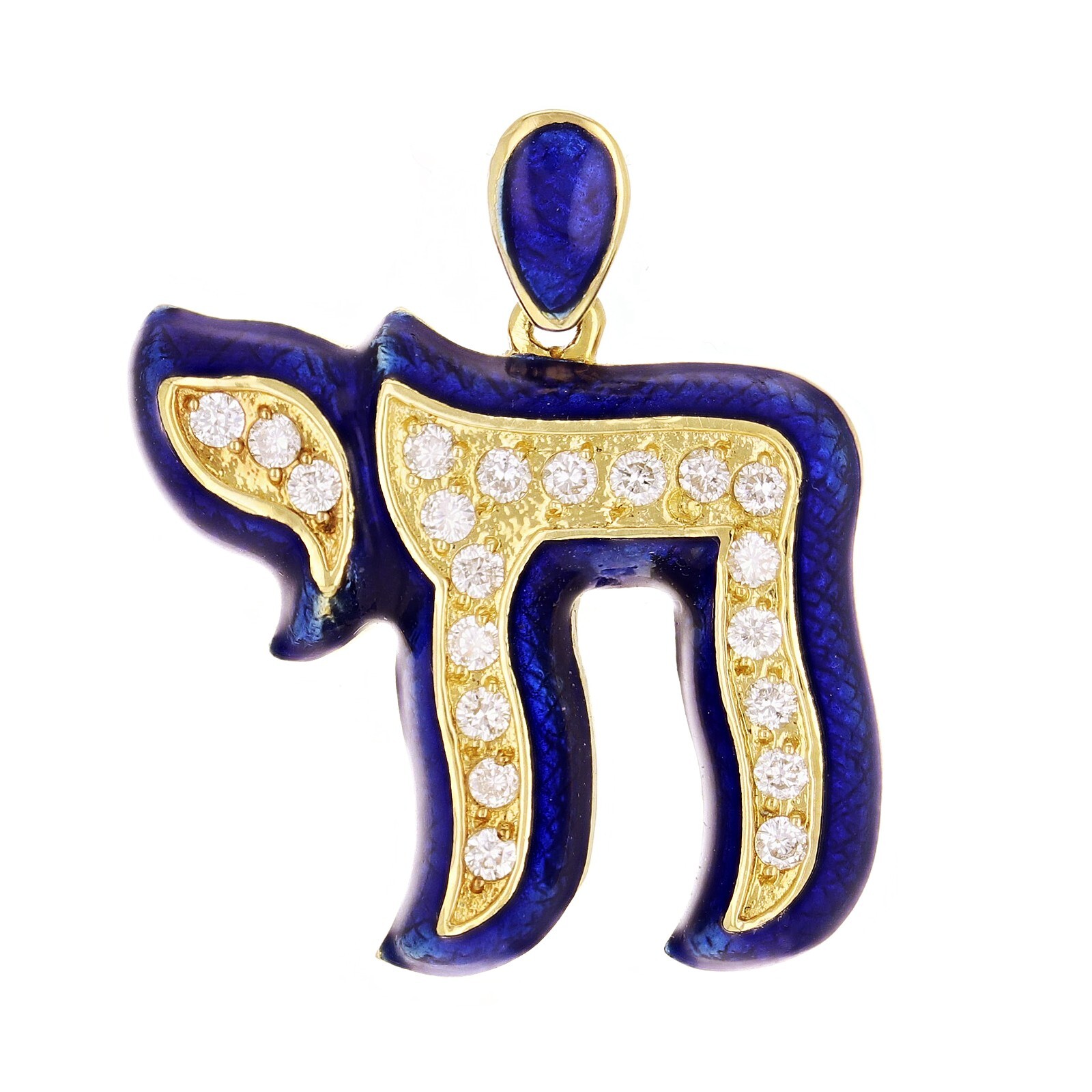 14k Yellow Gold Blue Enamel Hebrew Jewish Chai Symbol Life with ...