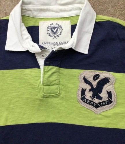 American Eagle Rugby Shirt L/Sleeve Striped Br Green & Navy Embroidered ...