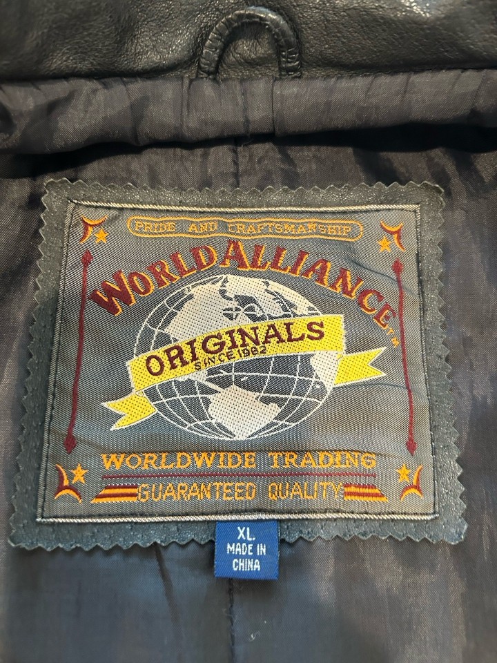 VINTAGE World Alliance Jacket Men XLarge Black Leather Zip Up Coat | eBay