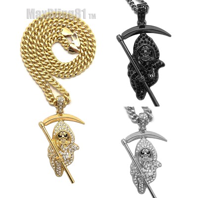 Hip Hop Iced Simulated Diamond GRIM REAPER Pendant & 6mm Cuban Chain ...