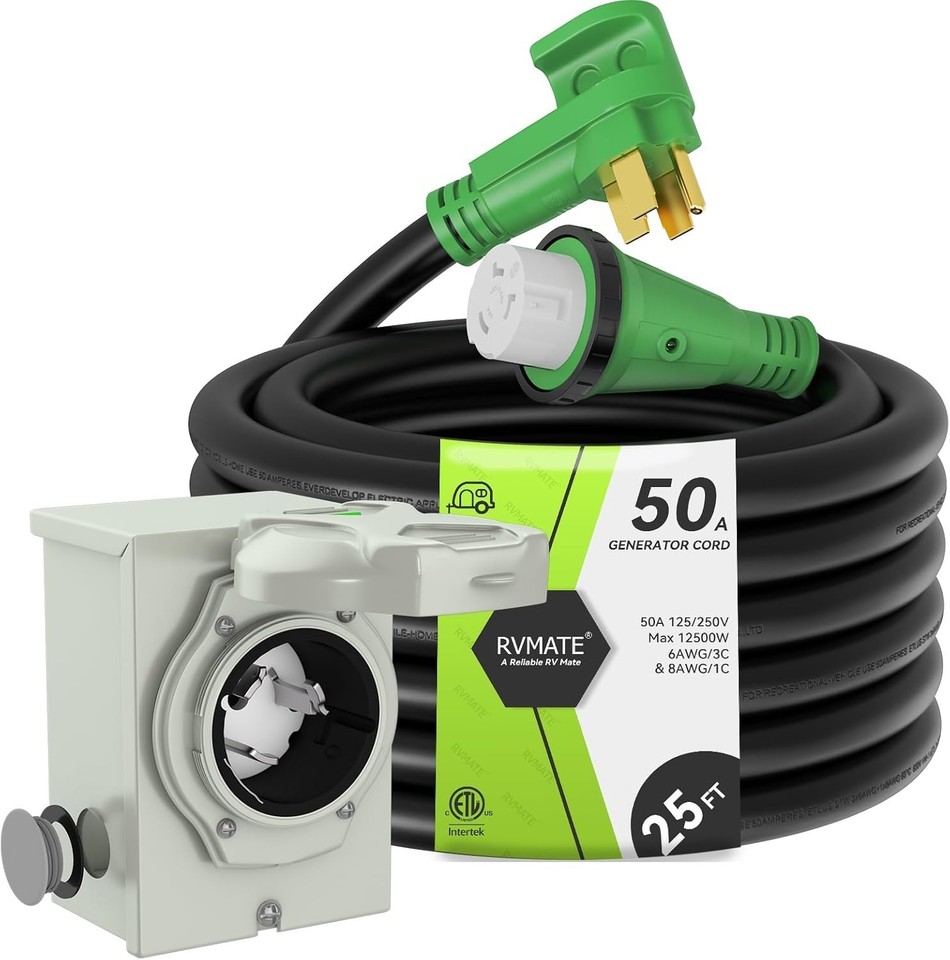 50 Amp Generator Cord 25FT and Pre-Drilled 50Amp Power Inlet Box Kit ...