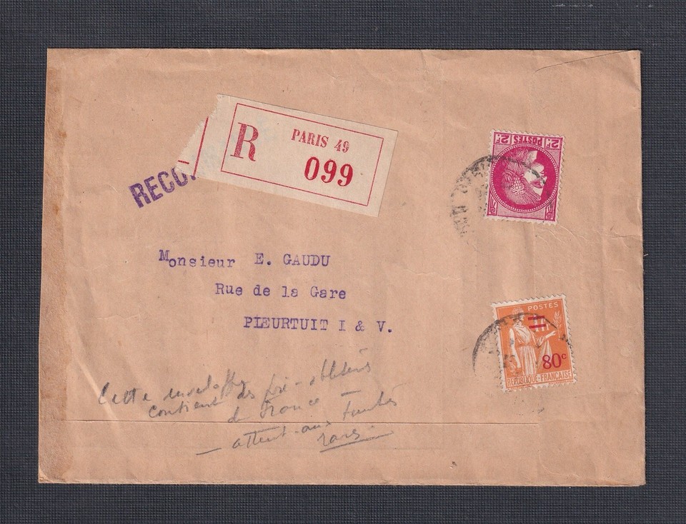 FRANCE 1939 ‘MAP OF DOWNTOWN' REGISTERED COVER PARIS TO PLEURTUIT | eBay