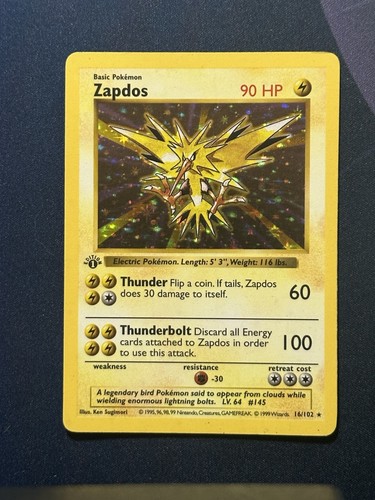 Zapdos 016/102 Base Set 1st Edition (Shadowless) Holo | eBay
