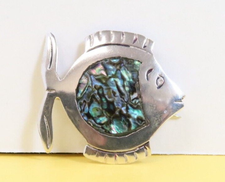 STUNNING TAXCO STERLING SILVER FISH PIN BROOCH W/ ABA… - Gem