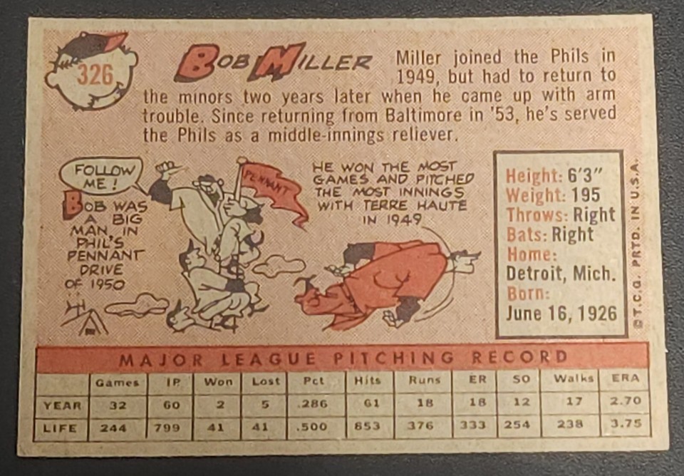 1958 Topps # 326 Bob Miller card Philadelphia Phillies | eBay