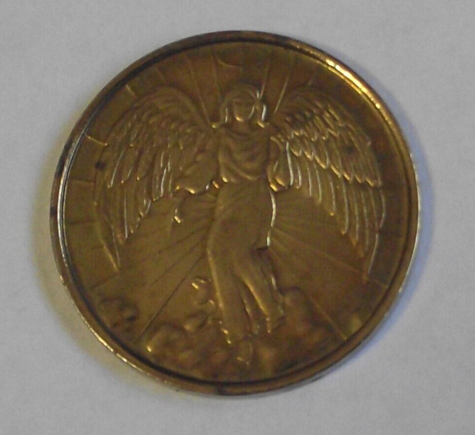 Vtg Gold tone double sided Guardian Angel pocket protection coin token ...