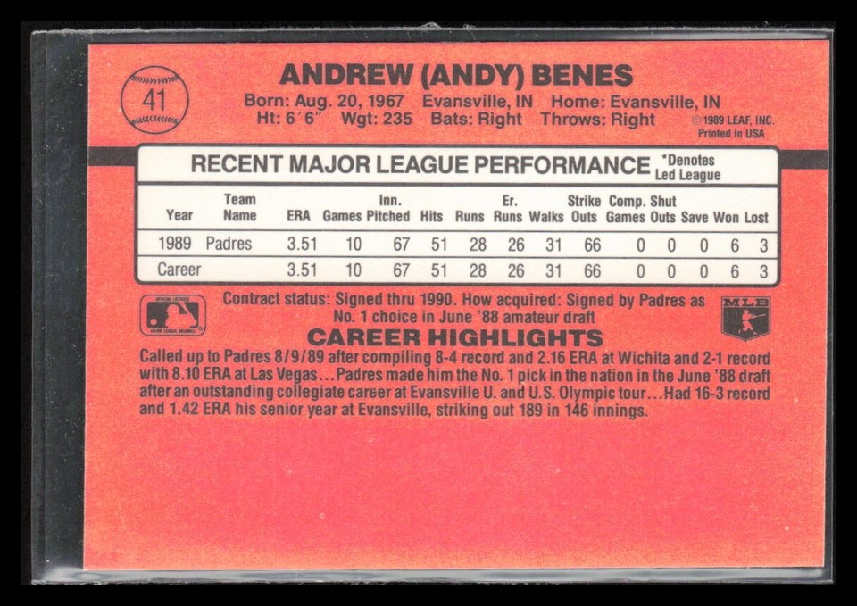 1990 Donruss Andy Benes Rated Rookie Baseball Card #41 San Diego Padres ...