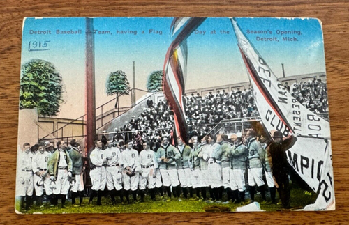 1915 Detroit Tigers Opening Day Flag Raising Colorized Photo Postcard w ...