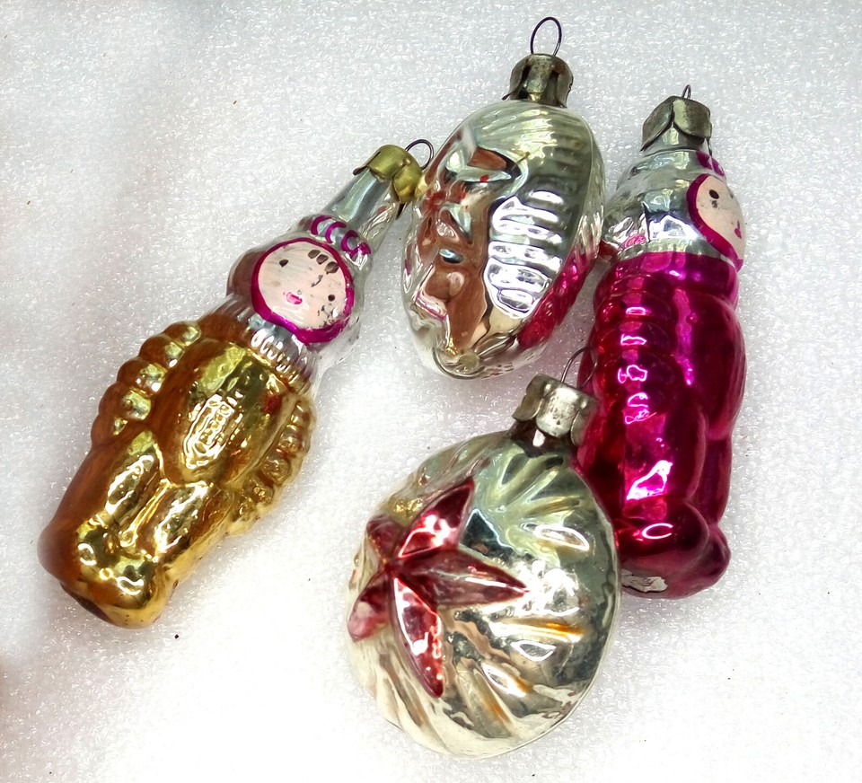 4 Old Vintage USSR Ukrainian Glass Christmas Ornaments Decorations ...