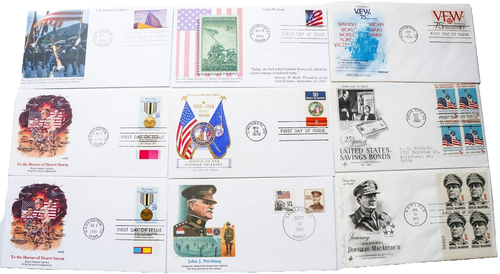 9 FDC First Day Covers Military Desert Storm Iwo Jima Pershing FDR VFW ...
