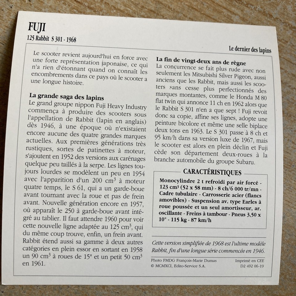 Fuji 125 Rabbit S301 1968 Scooter Carta Motocicletta Collezione Atlas ...