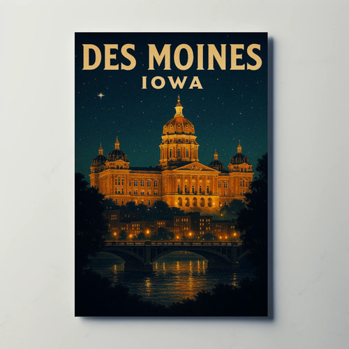 Des Moines Iowa Capitol Night Lights Travel Poster | eBay