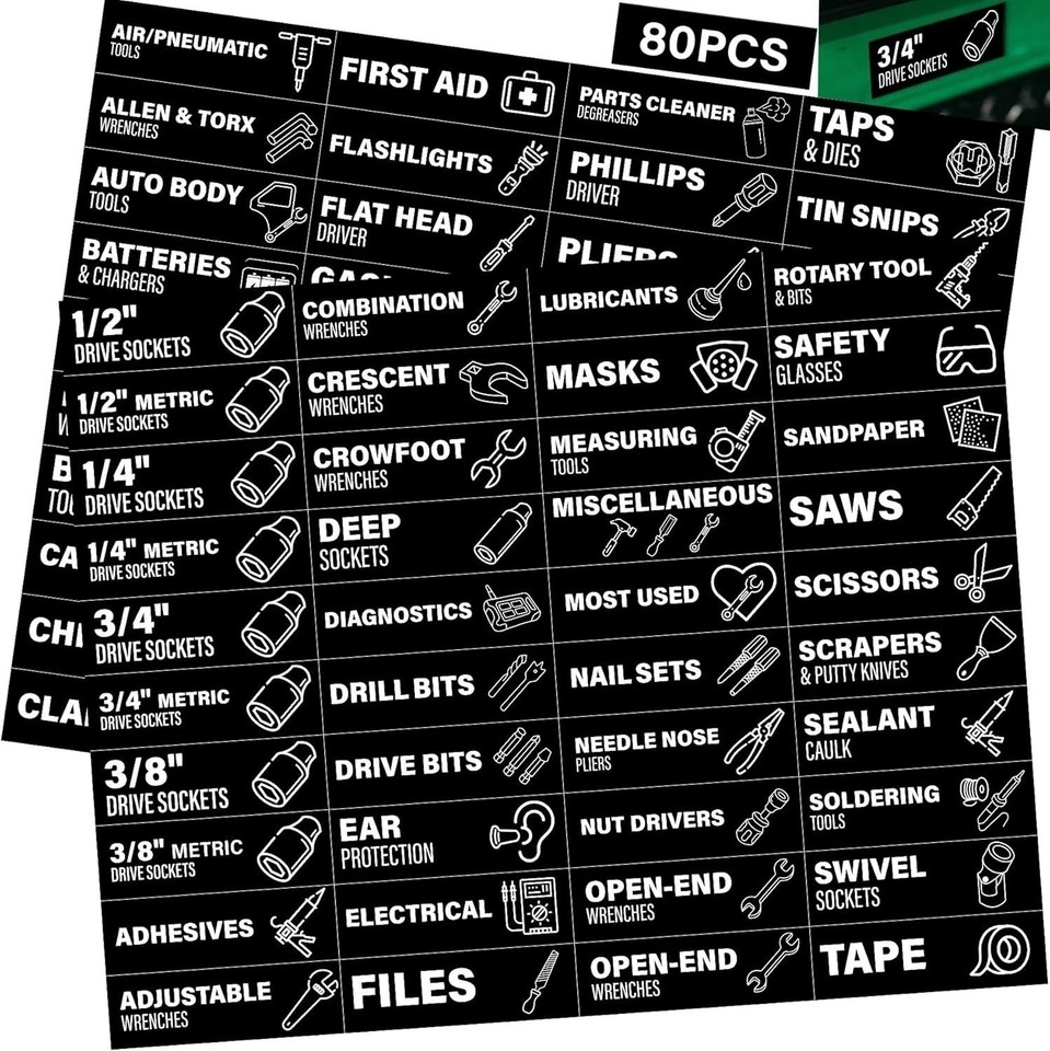 Tool Organizer Stickers - 80 Pcs Waterproof Tool Box Label Stickers ...