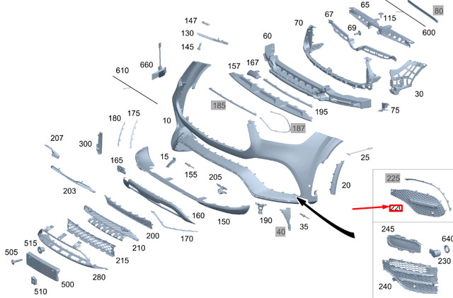 MERCEDES-BENZ GLE W167 FRONT BUMPER LOWER RIGHT GRILLE A1678858802 ...