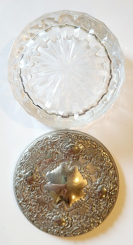 Vintage KIG Silver-Plated Makeup Vanity Powder Jar Lid Ribbed Cut Glass ...