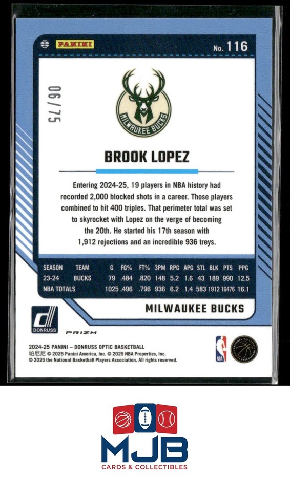 2024-25 Donruss Optic Brook Lopez Blue Shimmer #06/75 #116 Milwaukee ...
