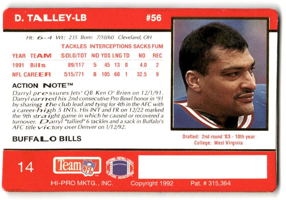 Darryl Talley 1992 Action Packed FOOTBALL #14 Buffalo Bills | eBay