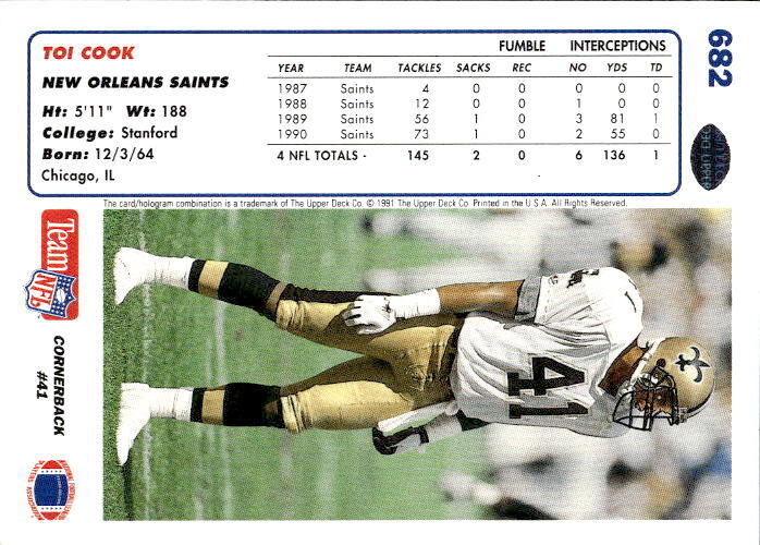 Toi Cook 1991 Upper Deck #682 New Orleans Saints | eBay