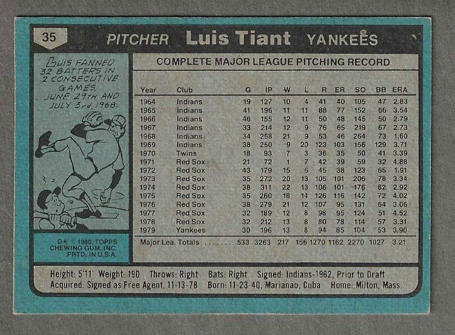 1980 Topps #35 Luis Tiant New York Yankees | eBay