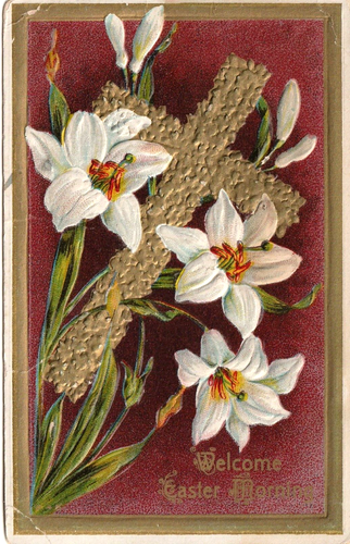 WELCOME EASTER MORNING POSTCARD Gold Cross + White Lillies Embossed ...