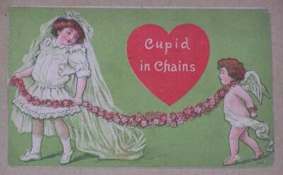 VINTAGE VALENTINE POSTCARD, CUPID IN CHAINS, YOUNG GIRL IN WEDDING ...