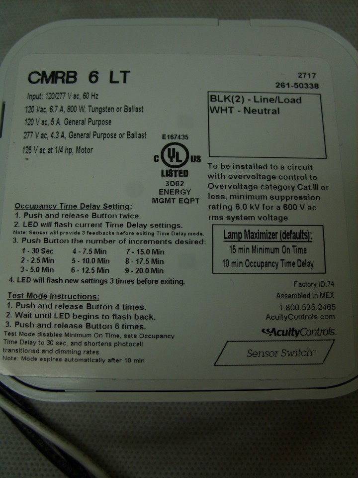 ACUITY SENSOR SWITCH Occupancy Sensor,PIR,2827 sq. ft., CMRB 6 LT ...