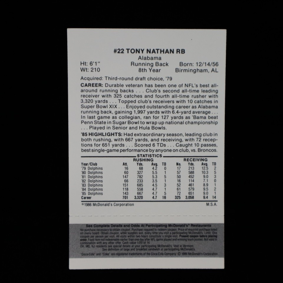 1986 Tony Nathan Miami Dolphins McDonald's "BLACK" Game Card #22 | eBay