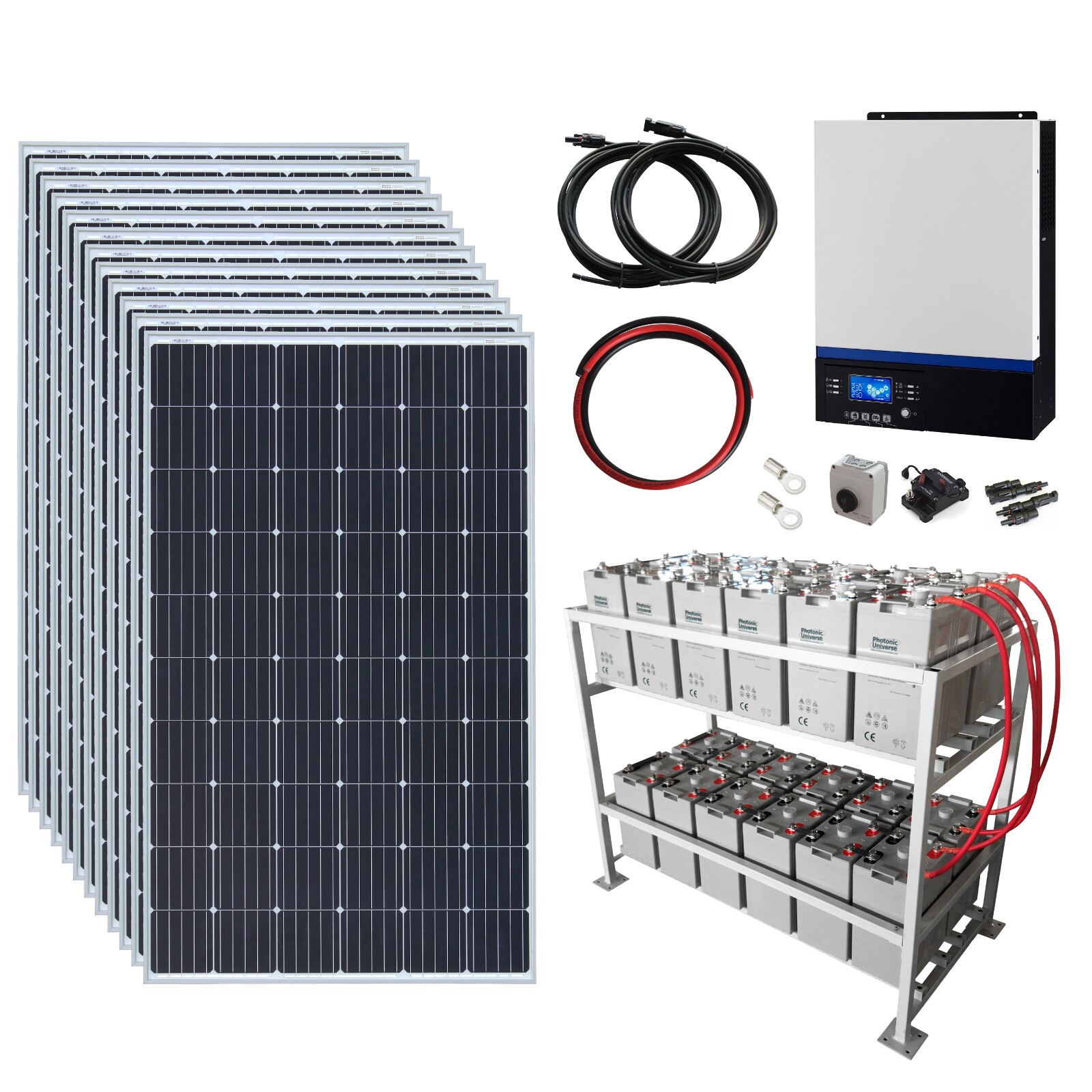 3.6kW 48V Complete Off-grid Kit: 12 x 300W solar panels, 5000W hybrid ...