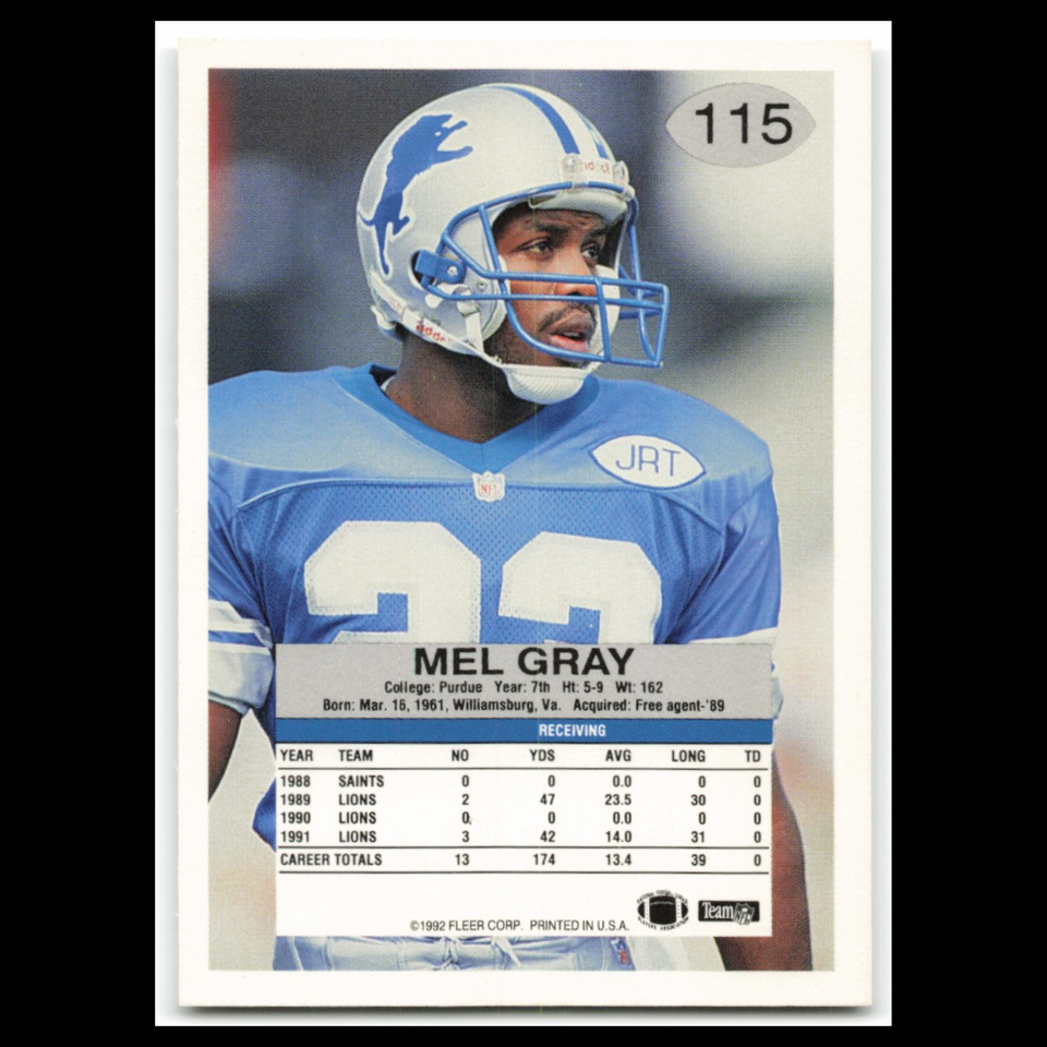 Mel Gray #115 1992 Fleer Detroit Lions Football Card NFL NM | eBay