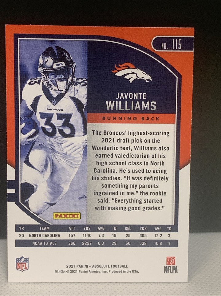 2021 Panini Absolute Javonte Williams Rookie Card RC GREEN FOIL Broncos ...