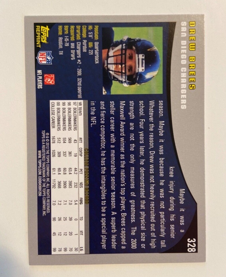 Drew Brees #328 2012 Topps Reprint Rookie Card Future HOF Saints Purdue ...